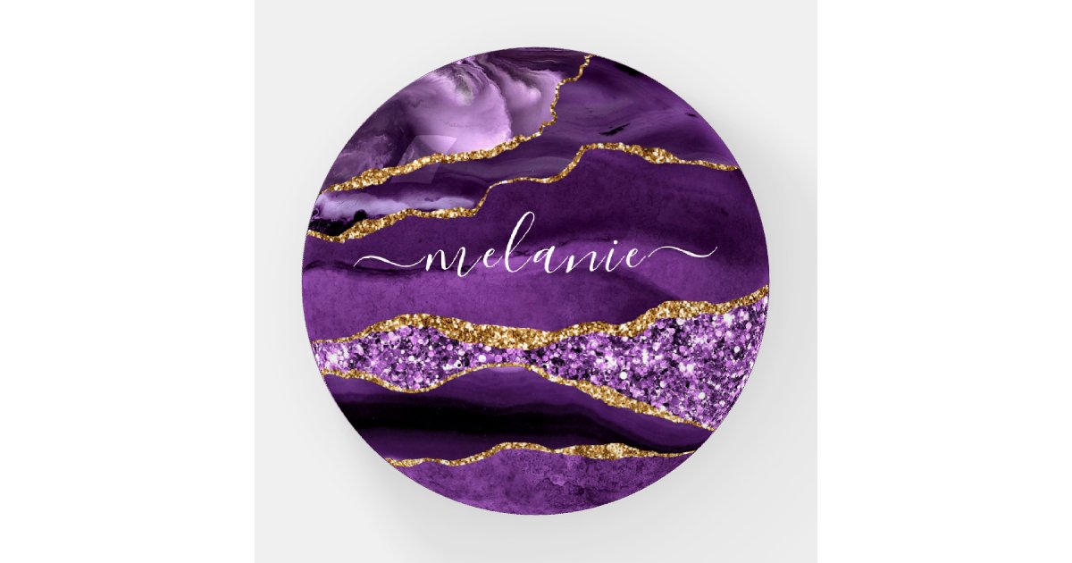 Agate Purple Gold Marble Custom Name Paperweight | Zazzle