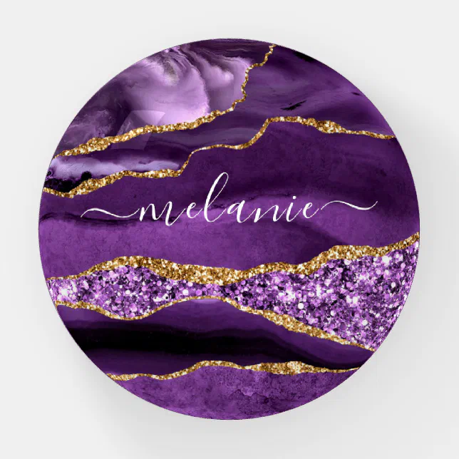 Agate Purple Gold Marble Custom Name Paperweight | Zazzle