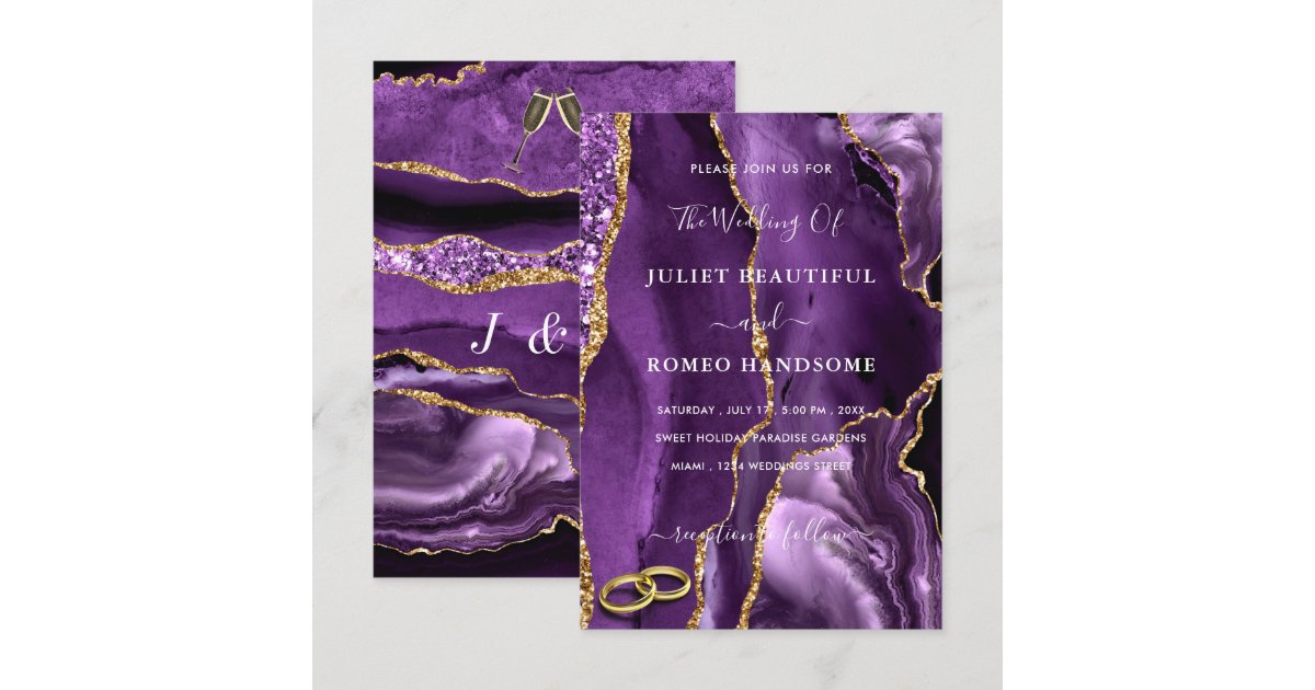 Agate Purple Gold Marble Wedding Invitation | Zazzle