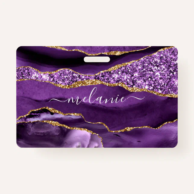 Agate Purple Violet Gold Glitter Custom Name Badge | Zazzle