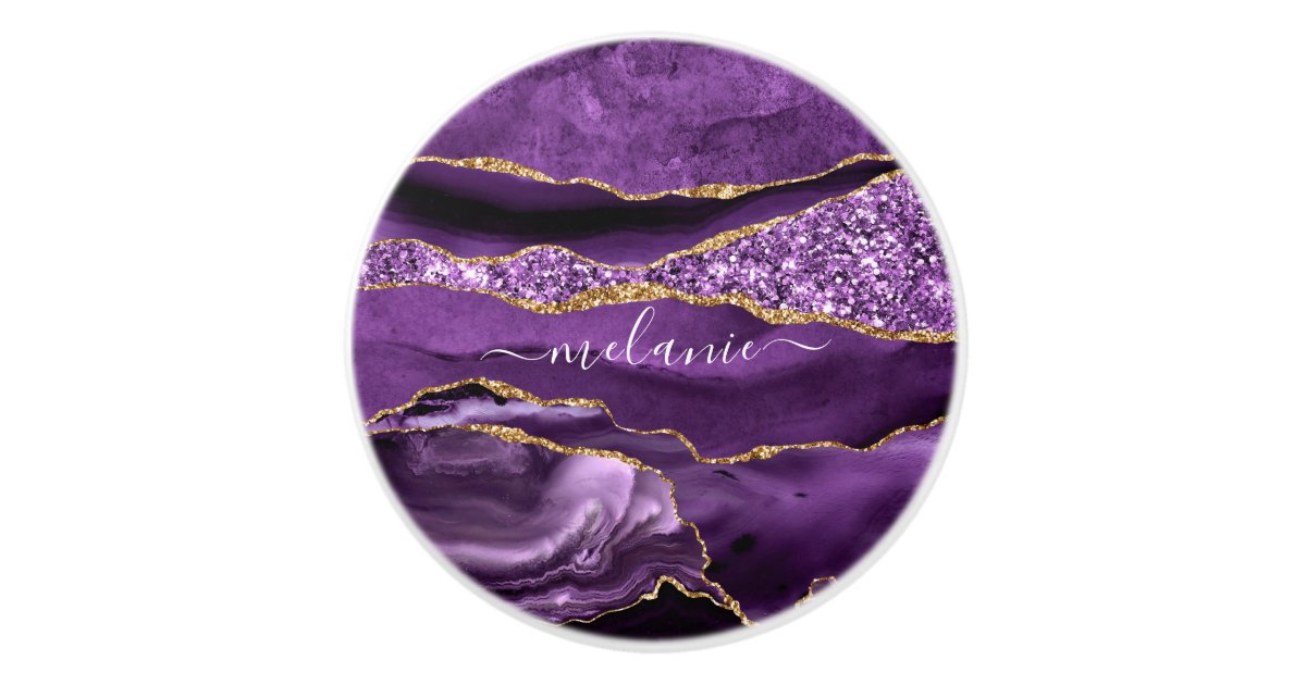 Agate Purple Violet Gold Glitter Geode Custom Name Ceramic Knob | Zazzle