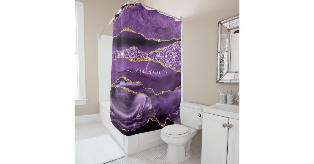 Agate Purple Violet Gold Glitter Geode Custom Name Shower Curtain | Zazzle