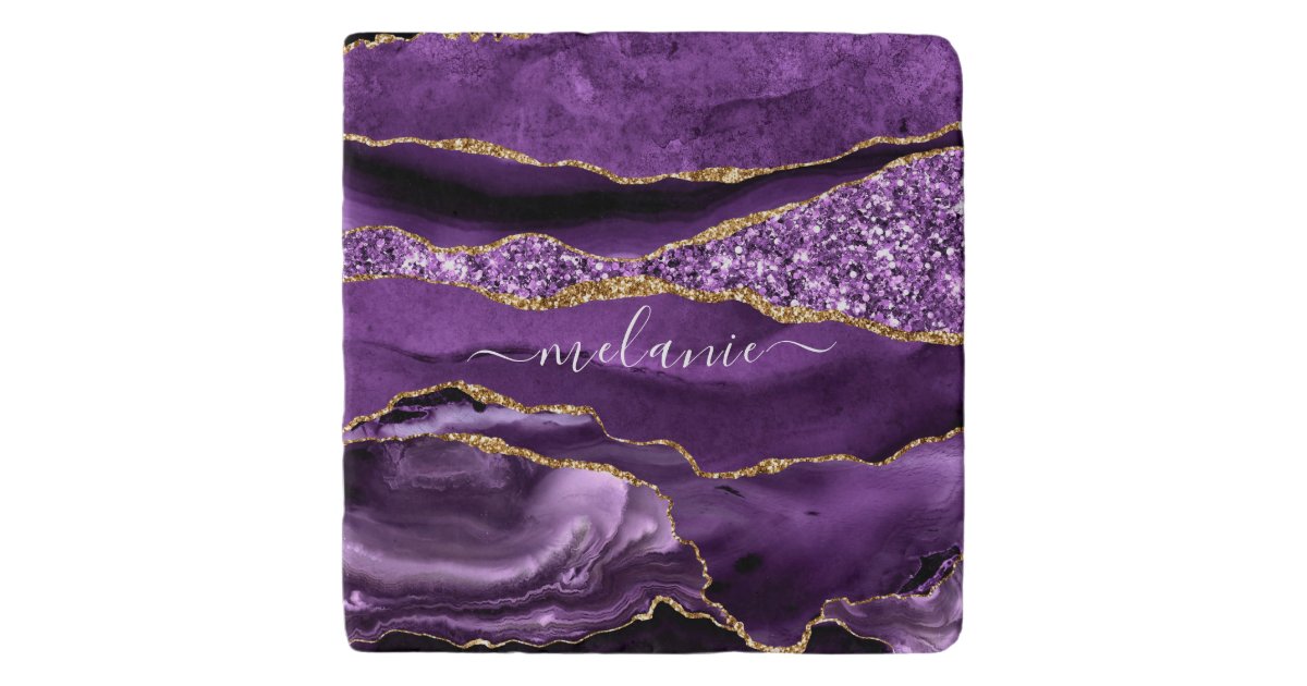Agate Purple Violet Gold Glitter Geode Custom Name Trivet | Zazzle