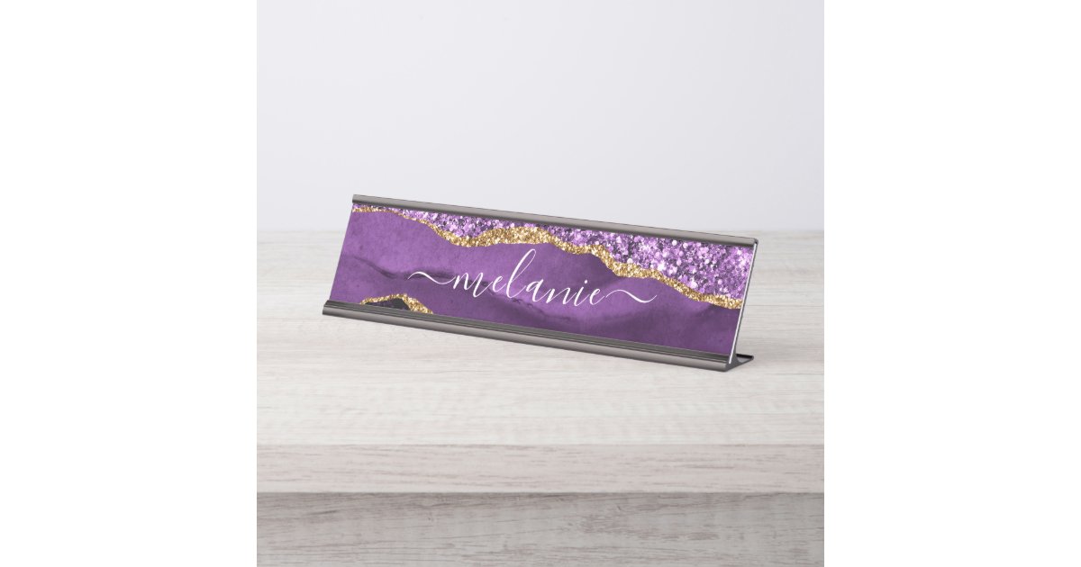 Agate Purple Violet Gold Glitter Geode Your Name Desk Name Plate | Zazzle