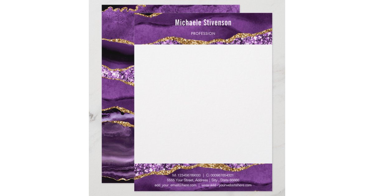 Agate Purple Violet Gold Glitter Modern Letterhead | Zazzle