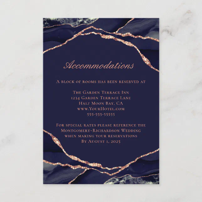 Agate Rose Gold Foil Navy Wedding Accommodations Enclosure Card | Zazzle