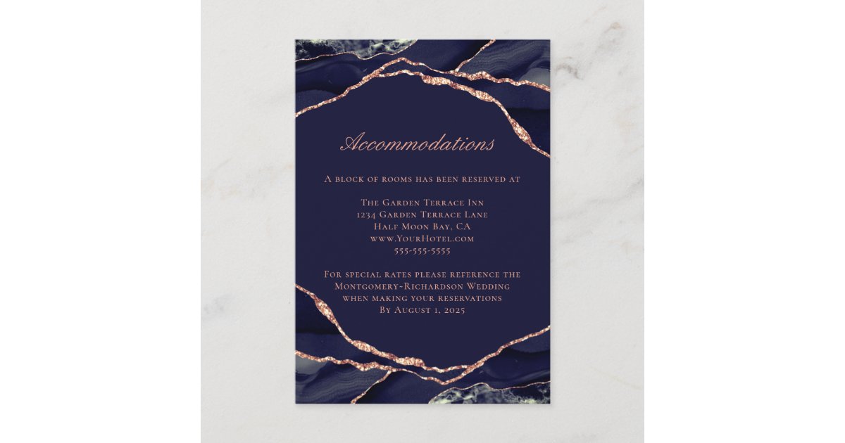 Agate Rose Gold Foil Navy Wedding Accommodations Enclosure Card | Zazzle