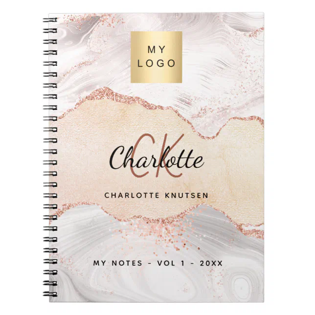 Agate rose gold logo monogram elegant business notebook | Zazzle
