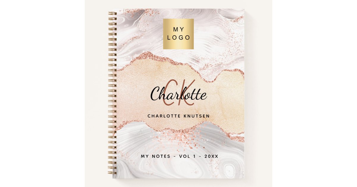 Agate rose gold logo monogram elegant business notebook | Zazzle