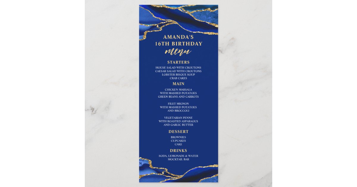 Agate Royal Blue and Gold Menu | Zazzle
