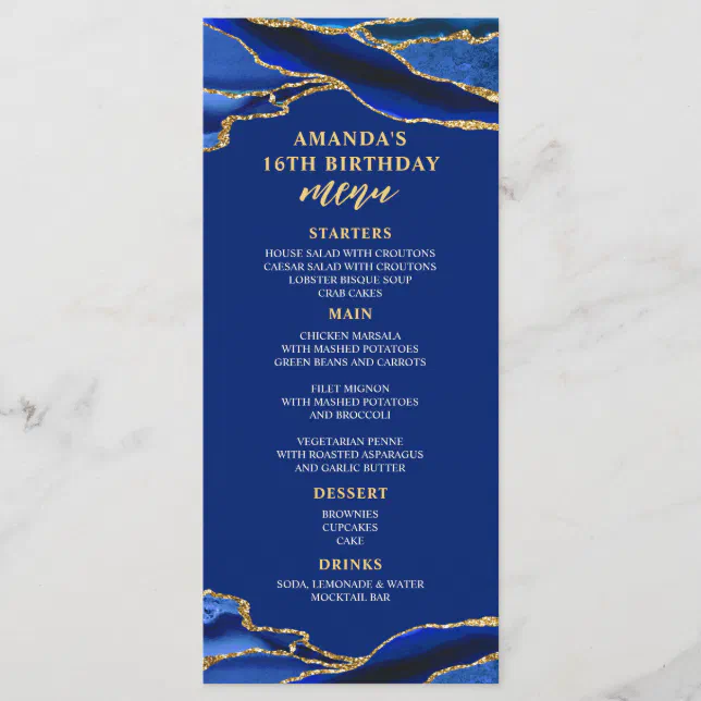 Agate Royal Blue and Gold Menu | Zazzle