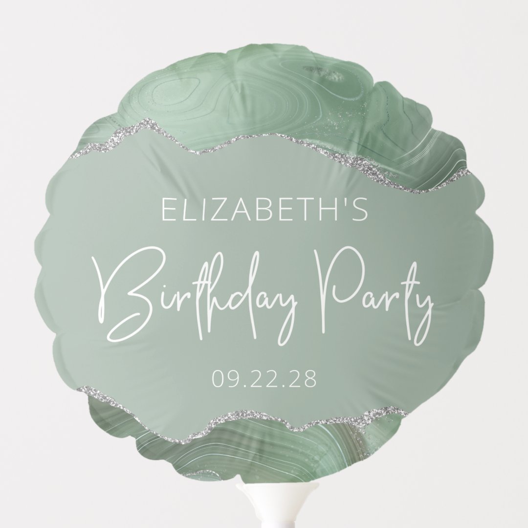 Agate Sage Green SIlver Glitter Birthday Party Balloon | Zazzle
