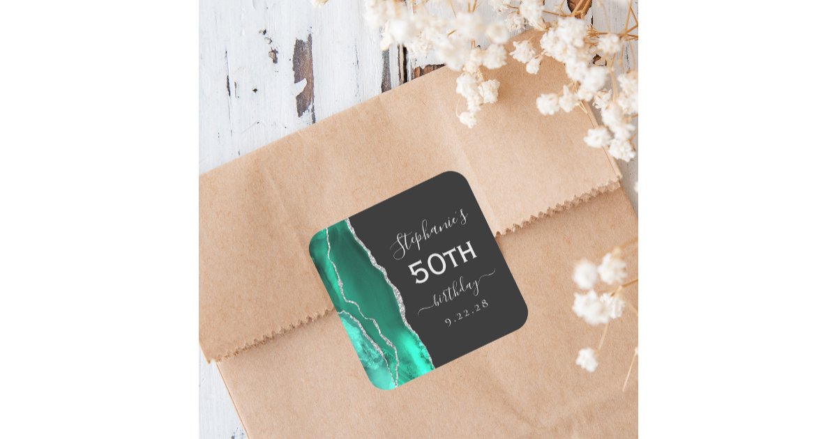 Agate Seafoam Green Silver Dark 50th Birthday Square Sticker | Zazzle