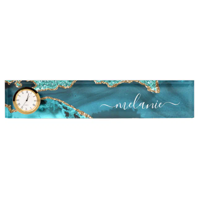Agate Teal Blue Gold Glitter Marble Aqua Turquoise Desk Name Plate | Zazzle