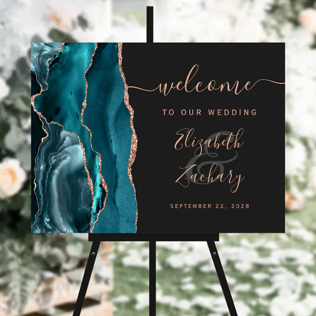 Agate Teal Rose Gold Dark Wedding Welcome Sign | Zazzle