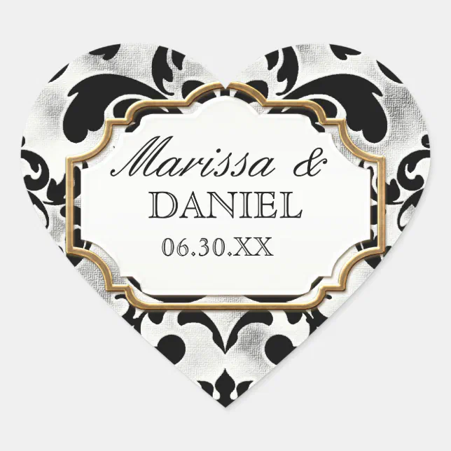 Aged Distressed Damask Golden Bling Look Wedding Heart Sticker | Zazzle