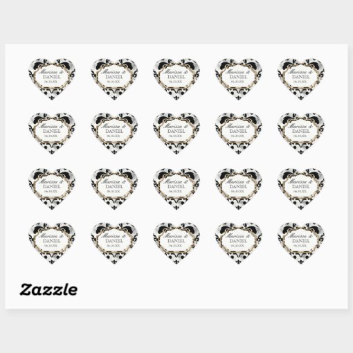 Aged Distressed Damask Golden Bling Look Wedding Heart Sticker | Zazzle