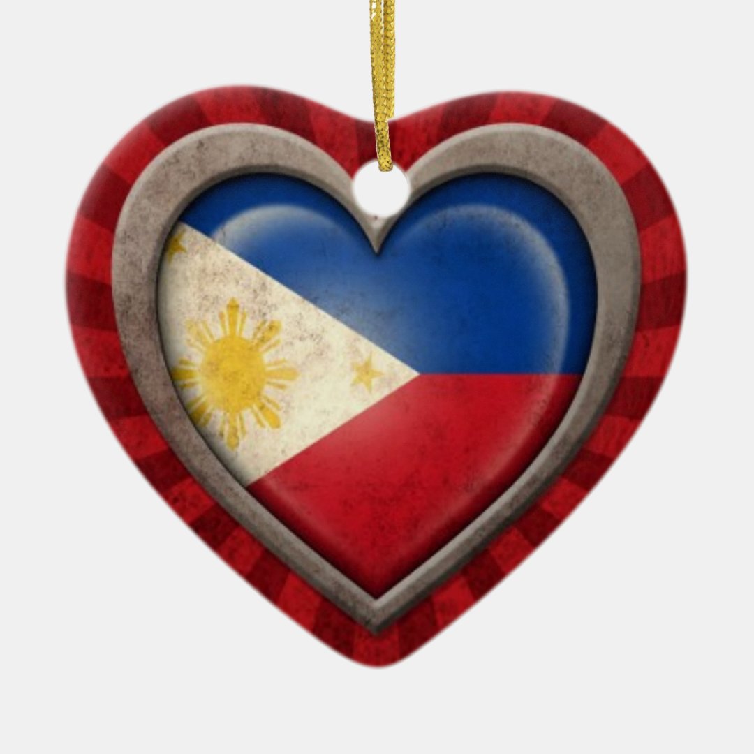 Aged Filipino Flag Heart with Light Rays Ceramic Ornament | Zazzle