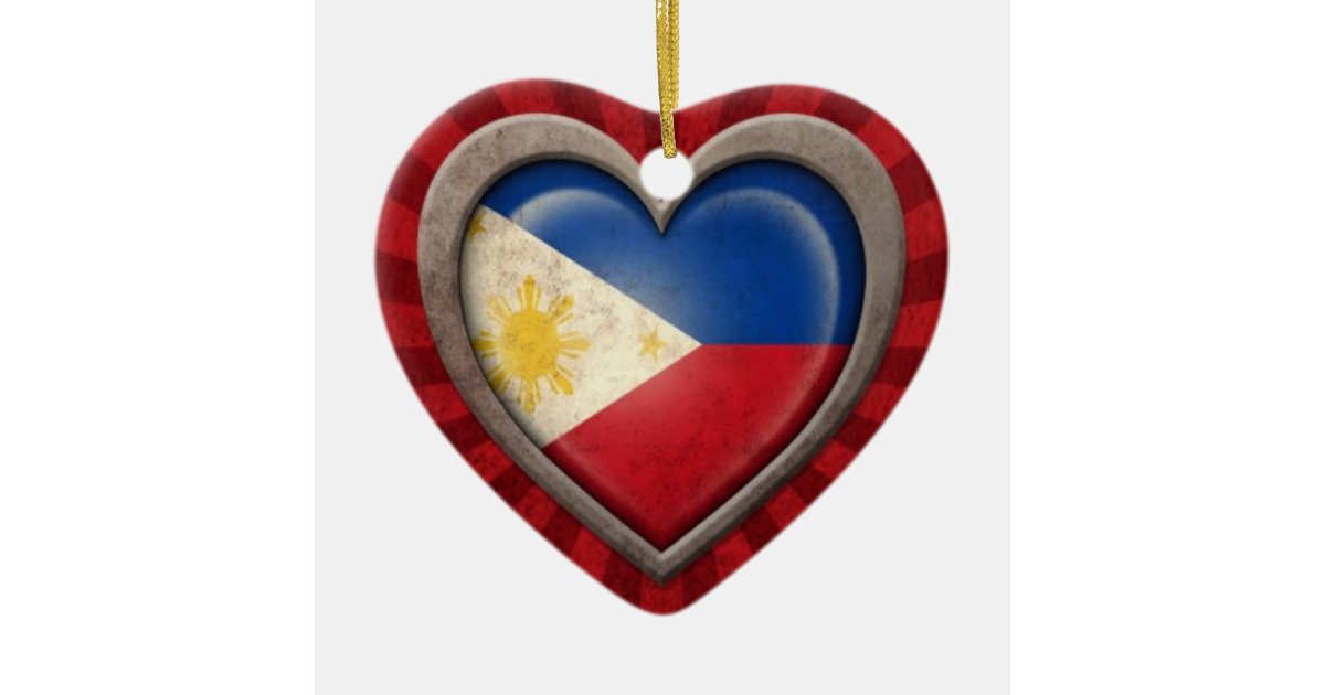 Aged Filipino Flag Heart with Light Rays Ceramic Ornament | Zazzle