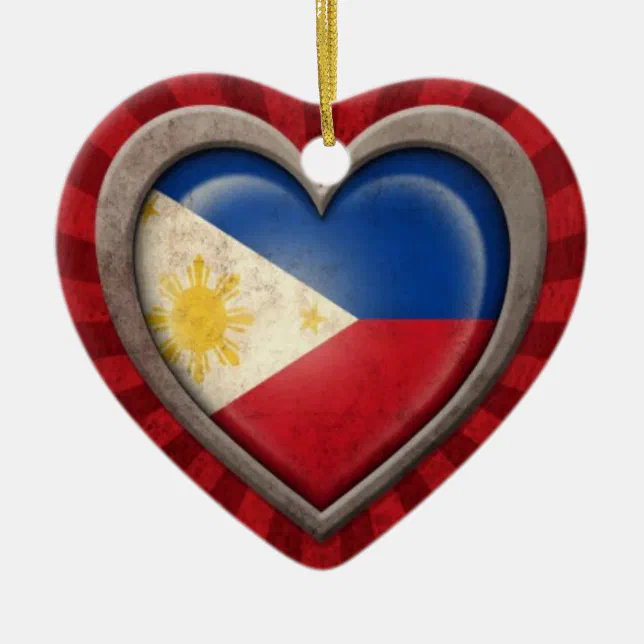 Aged Filipino Flag Heart with Light Rays Ceramic Ornament | Zazzle