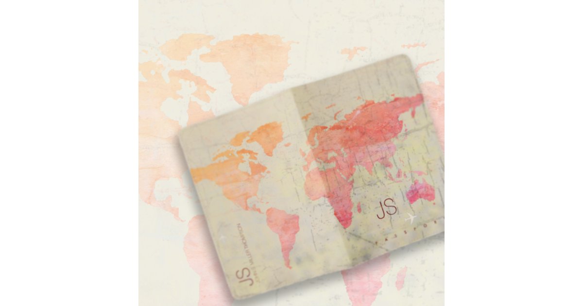 Aged Look Watercolor World Map with ame, Travel Passport Holder | Zazzle