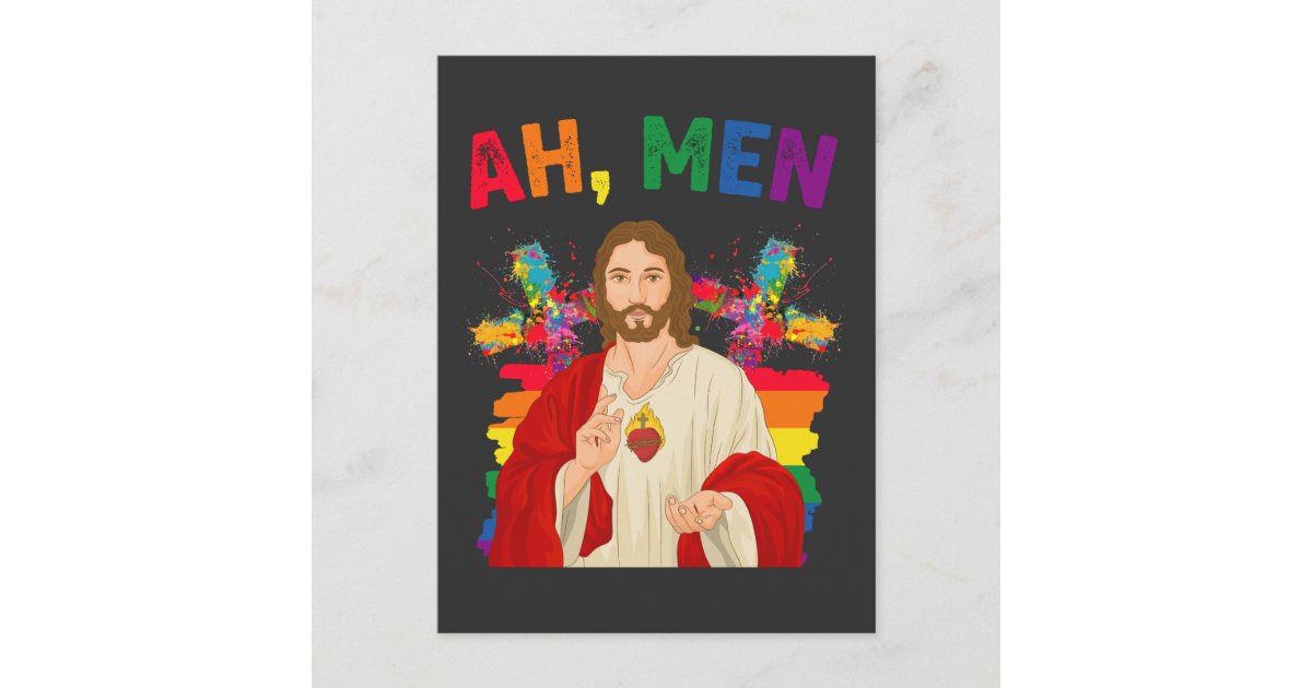 Ah Men Funny LGBT Gay Pride Jesus Christian Invitation Postcard | Zazzle