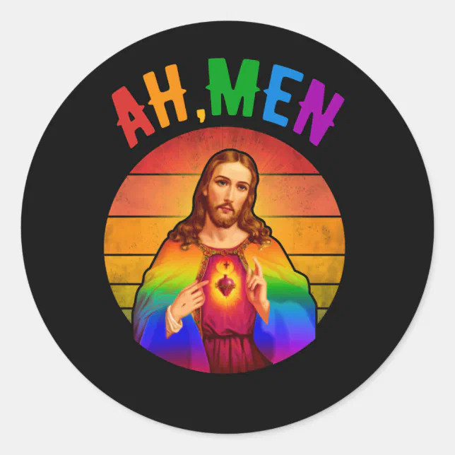 Ah Men LGBT Gay Pride Jesus Rainbow Christian Classic Round Sticker ...