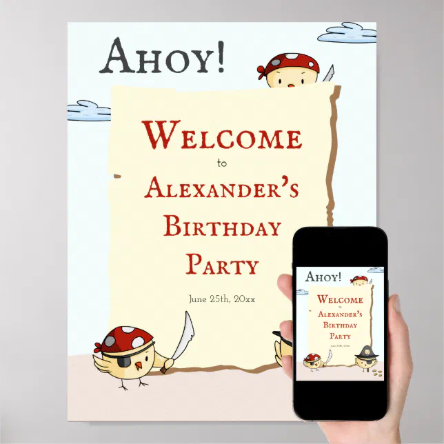 Ahoy Bird Pirate Theme Birthday Welcome Poster | Zazzle