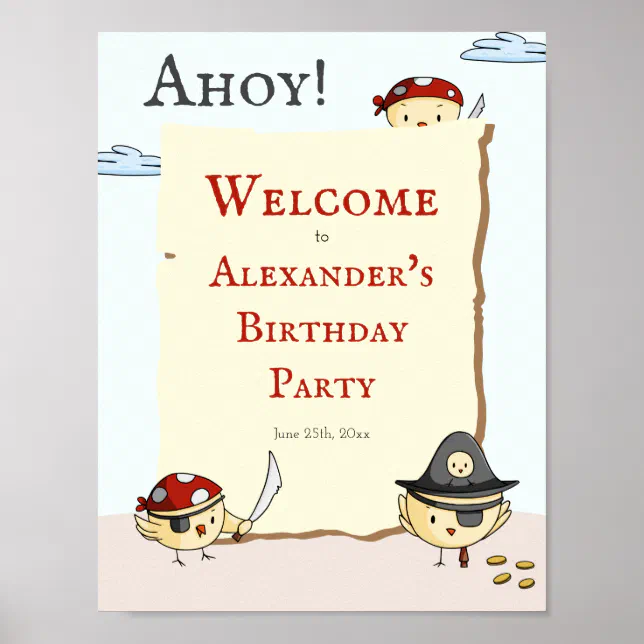 Ahoy Bird Pirate Theme Birthday Welcome Poster | Zazzle