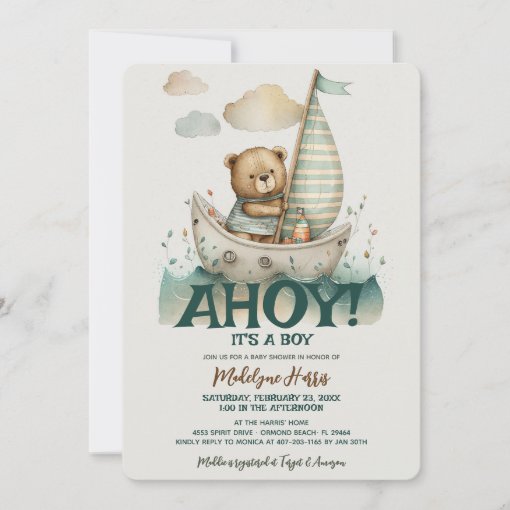 Ahoy Boy Teddy Bear Sailor Boat Sea Baby Shower In Invitation | Zazzle