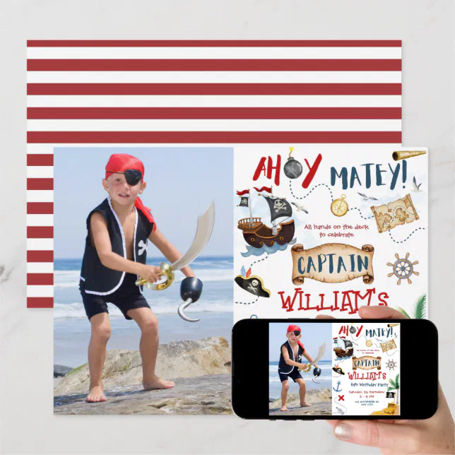 Ahoy Captain Photo Pirate kids Birthday Party Invitation | Zazzle