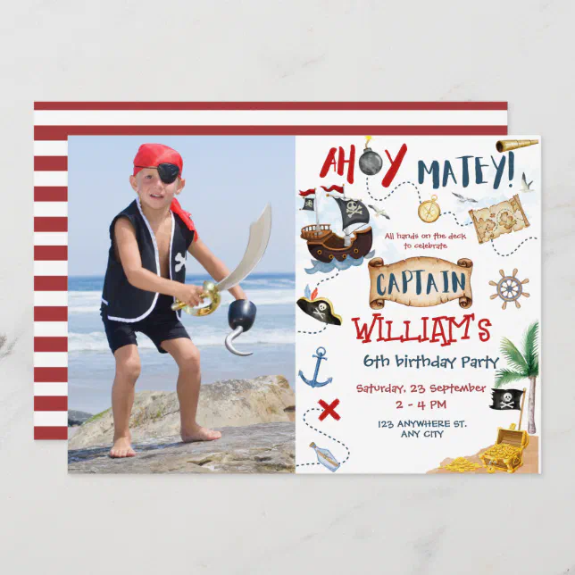 Ahoy Captain Photo Pirate kids Birthday Party Invitation | Zazzle