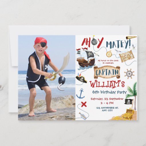 Ahoy Captain Photo Pirate kids Birthday Party Invitation | Zazzle