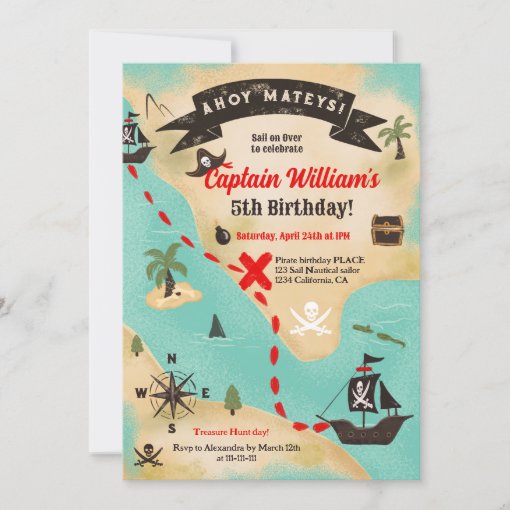Ahoy Fun Pirate treasure Map kids 5th birthday Invitation | Zazzle