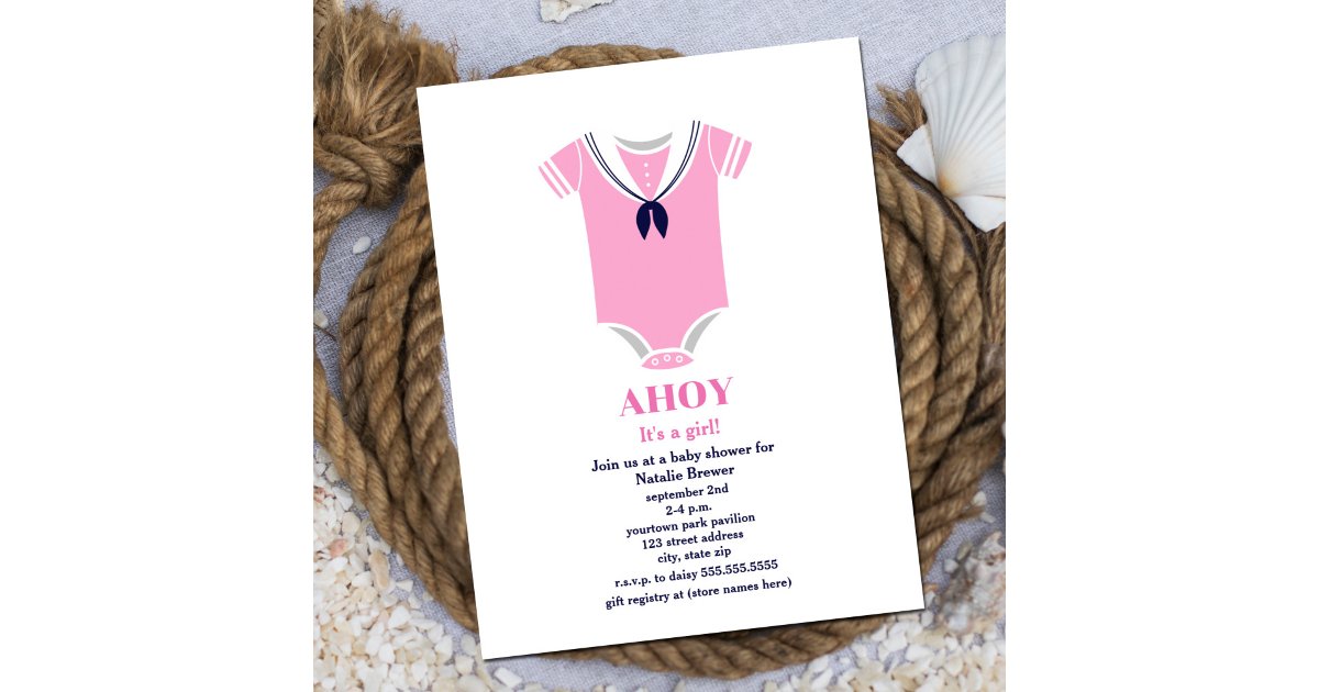 Ahoy Girl Nautical Sailor Suit Baby Shower Invitation | Zazzle