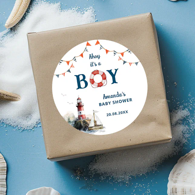 Ahoy It's a Boy Nautical Baby Shower Classic Round Sticker | Zazzle