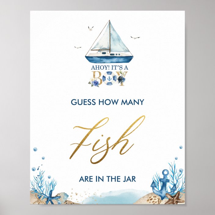 Ahoy It's a Boy Nautical Guess How Many Fish Jar Poster | Zazzle