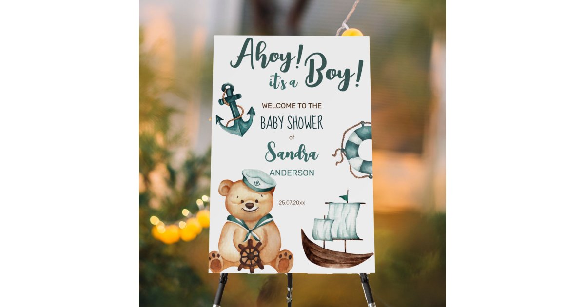 Ahoy it's a boy teddy bear baby shower welcome foam board | Zazzle