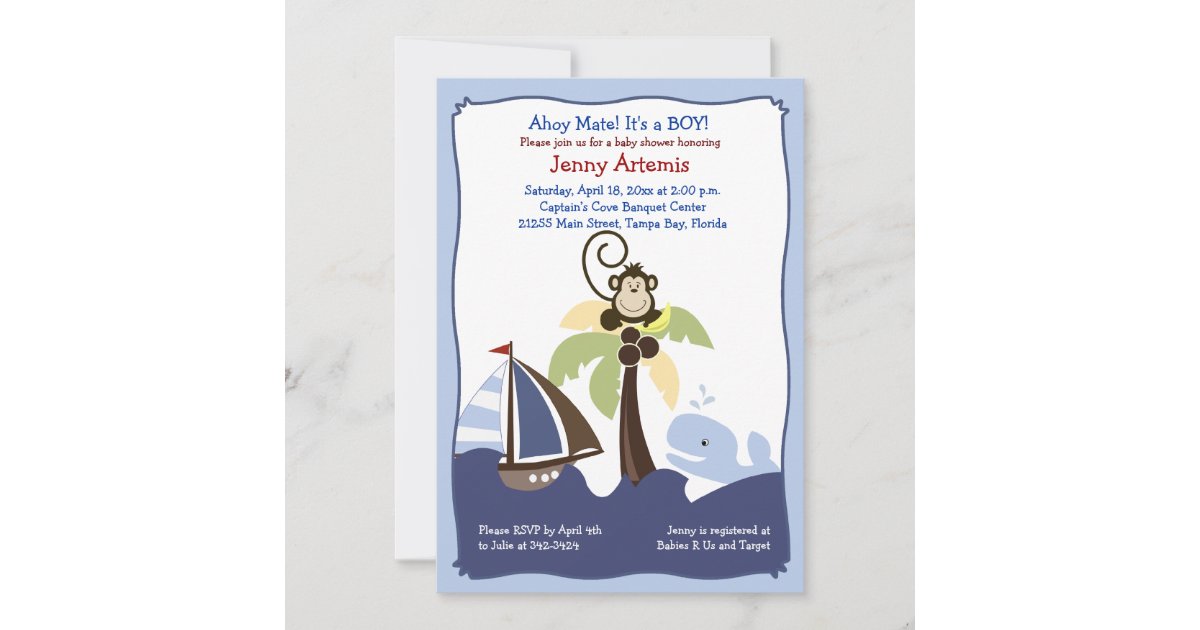 Ahoy Mate Whale, Sailboat & Monkey Invitation 5x7 | Zazzle