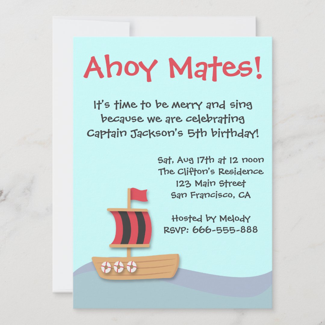 Ahoy Mates Black Red Sail Ship Kids Birthday Party Invitation | Zazzle