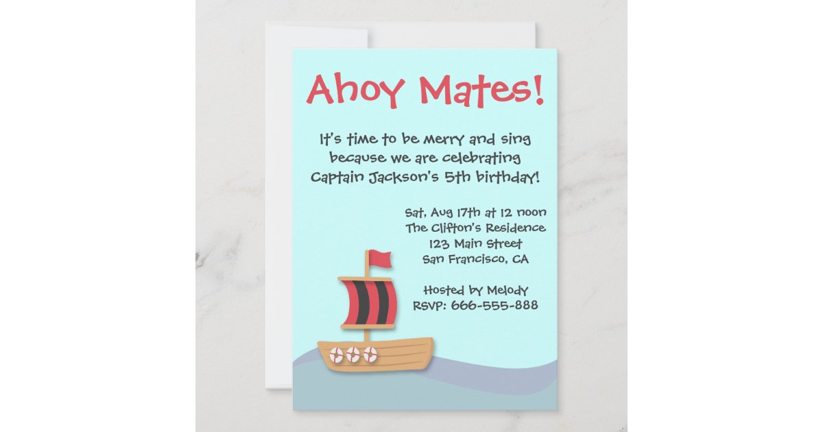 Ahoy Mates Black Red Sail Ship Kids Birthday Party Invitation | Zazzle