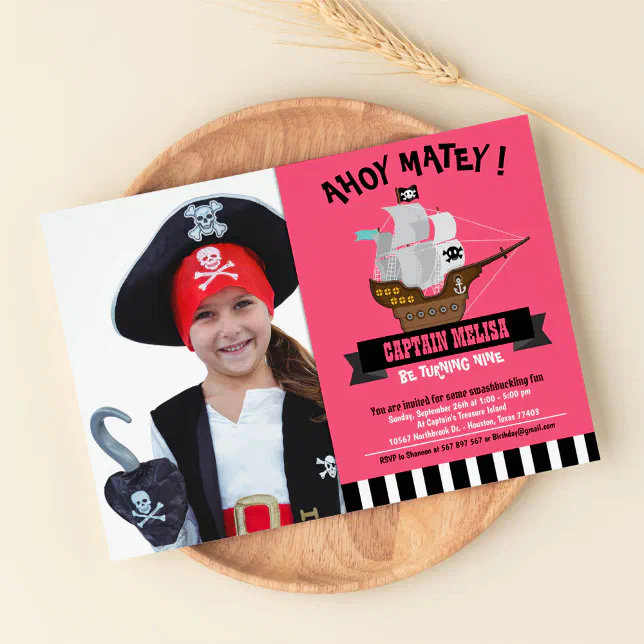 Ahoy Matey! Boat Pink Pirate Birthday Photo Invitation | Zazzle
