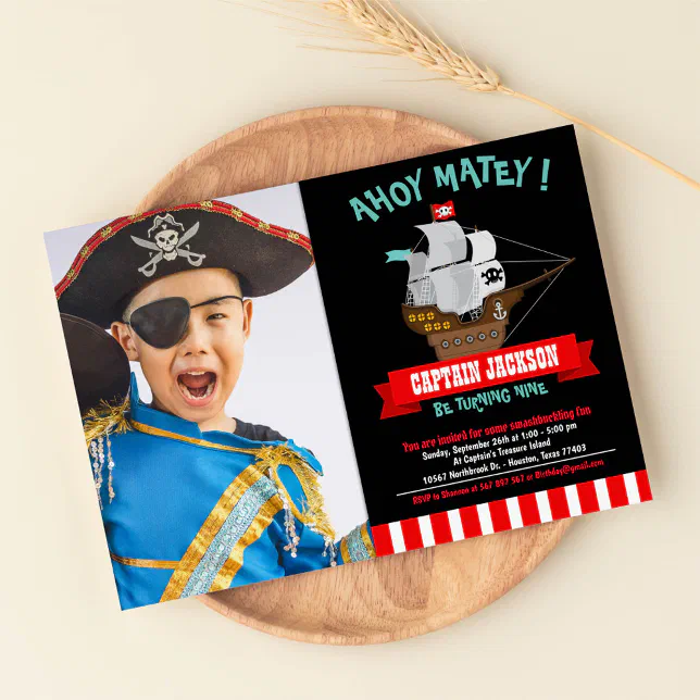Ahoy Matey! Boat Pirate Birthday Photo Invitation | Zazzle