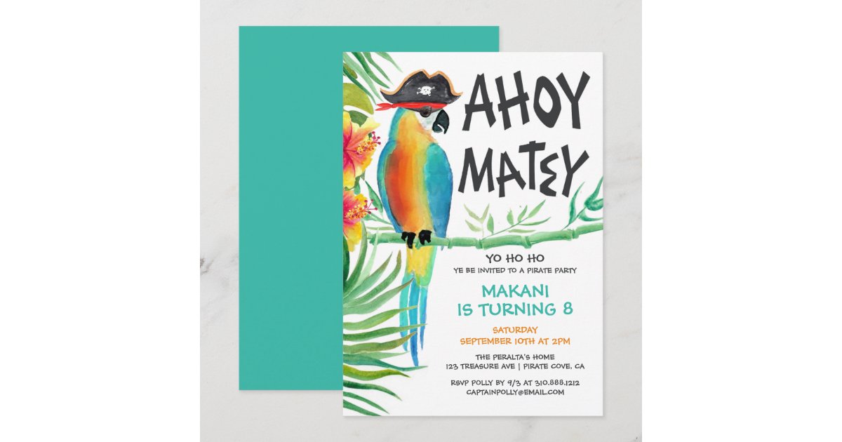Ahoy Matey Pirate Parrot Tropical Birthday Invitation | Zazzle