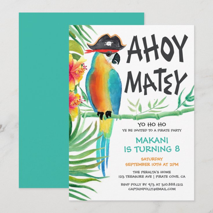 Ahoy Matey Pirate Parrot Tropical Birthday Invitation | Zazzle