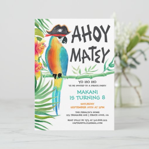 Ahoy Matey Pirate Parrot Tropical Birthday Invitation | Zazzle