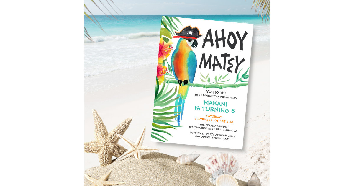 Ahoy Matey Pirate Parrot Tropical Birthday Invitation | Zazzle