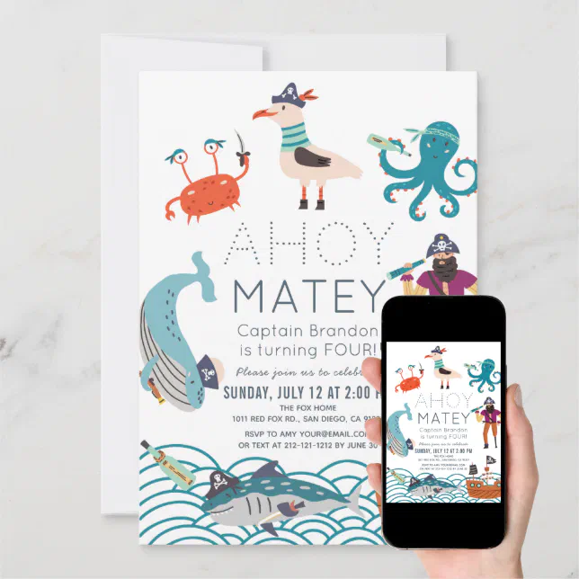 Ahoy Matey Pirate Sea Animal Birthday Invitation | Zazzle