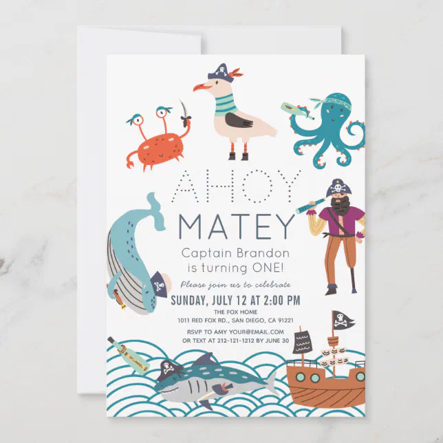 Ahoy Matey Pirate Sea Animals 1st Birthday Invitation | Zazzle