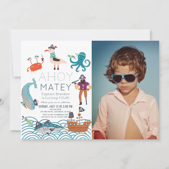 Ahoy Matey Pirate Sea Animals Photo Birthday Invitation | Zazzle